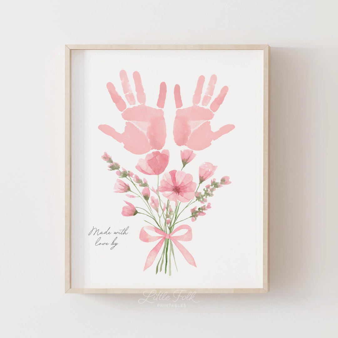 Mother's Day Flower Handprint Art Printable, Pink Floral Bouquet Hand ...