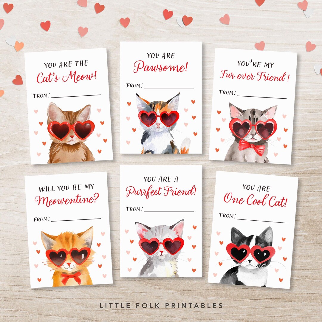 Printable Kitten Valentine's Day Cards, Cat Valentine Tags, Kids ...
