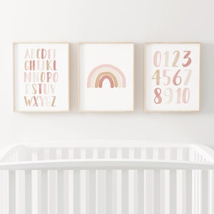 Neutral Rainbow Wall Art Set of 3 Prints, Neutral Alphabet and Numbers ...