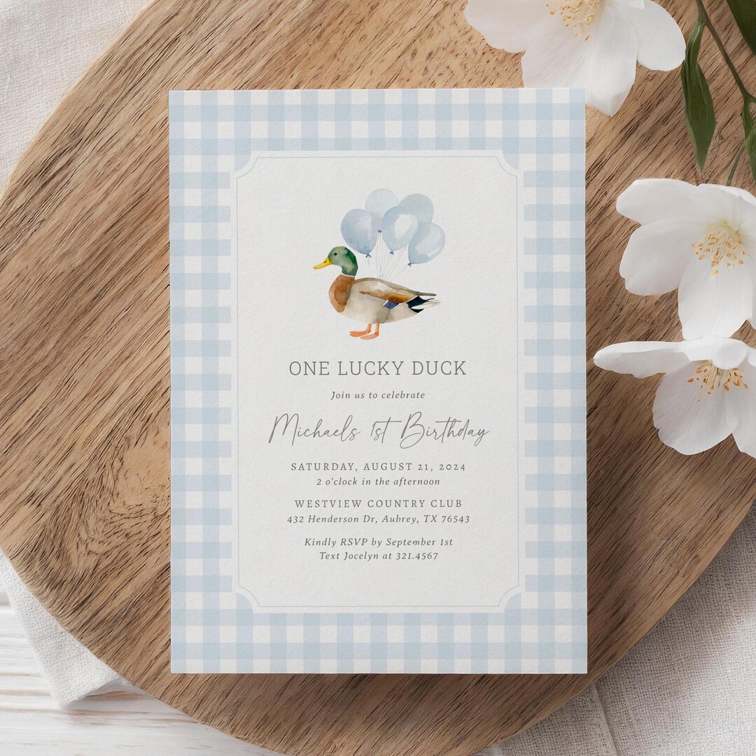 Duck Birthday Invitation, Blue Gingham Mallard Duck 1st Birthday Invite ...