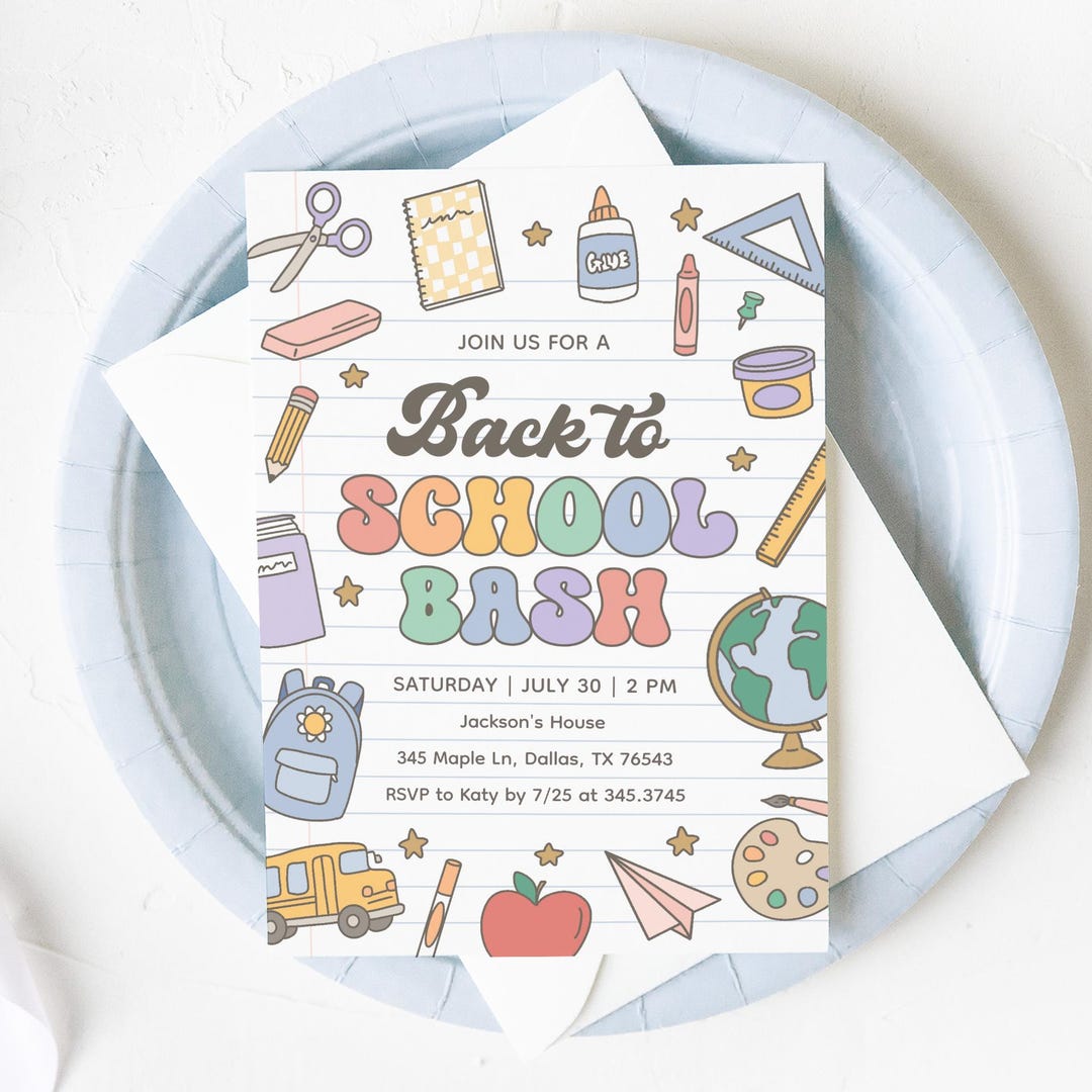 Retro Back to School Party Invitation Template, Back to School Bash ...