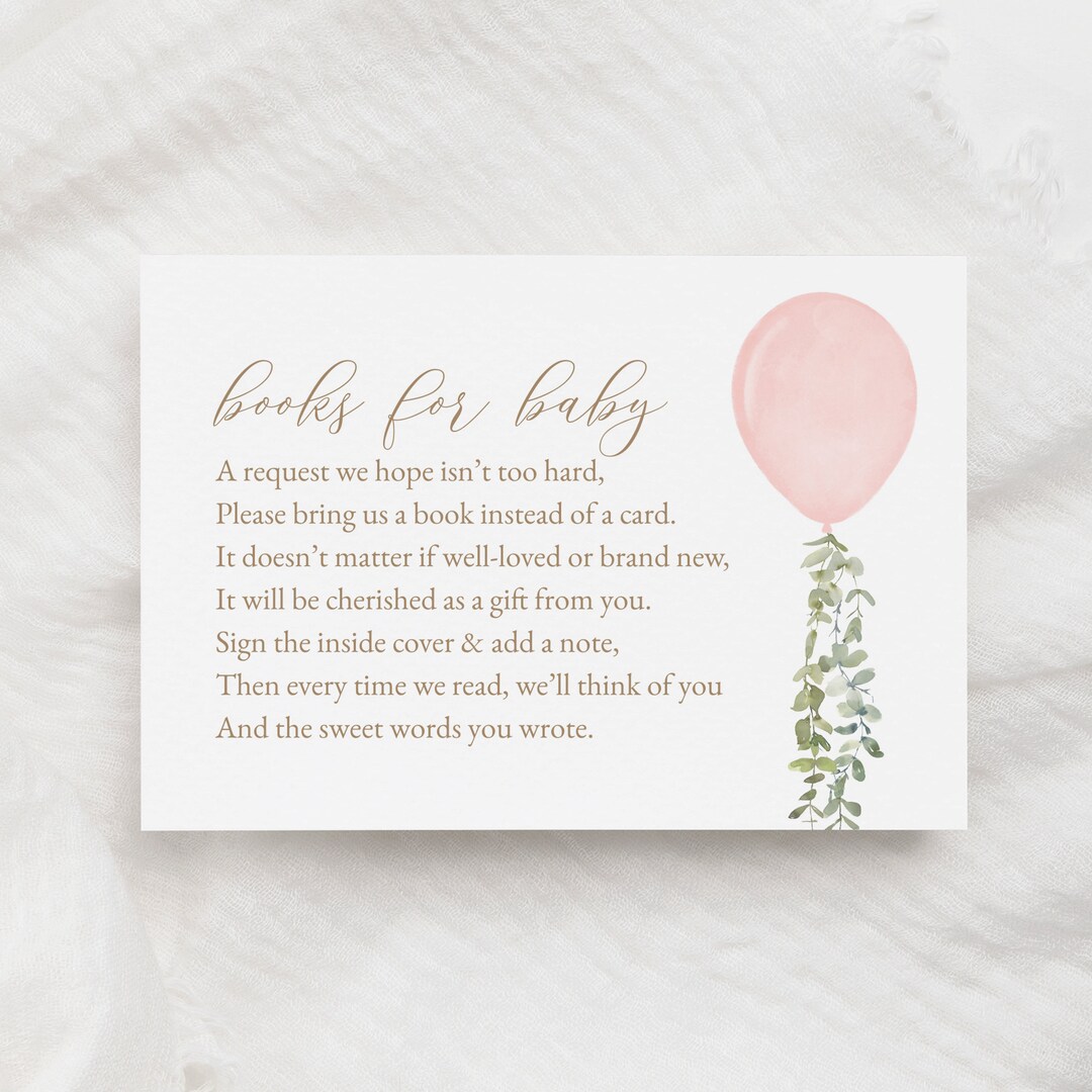 Pink Balloon Books for Baby Card Template, Watercolor Balloon Baby ...