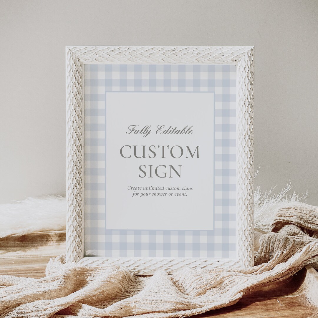 Blue Gingham Baby Shower Editable Custom Sign, Vintage Gingham Boy Baby ...