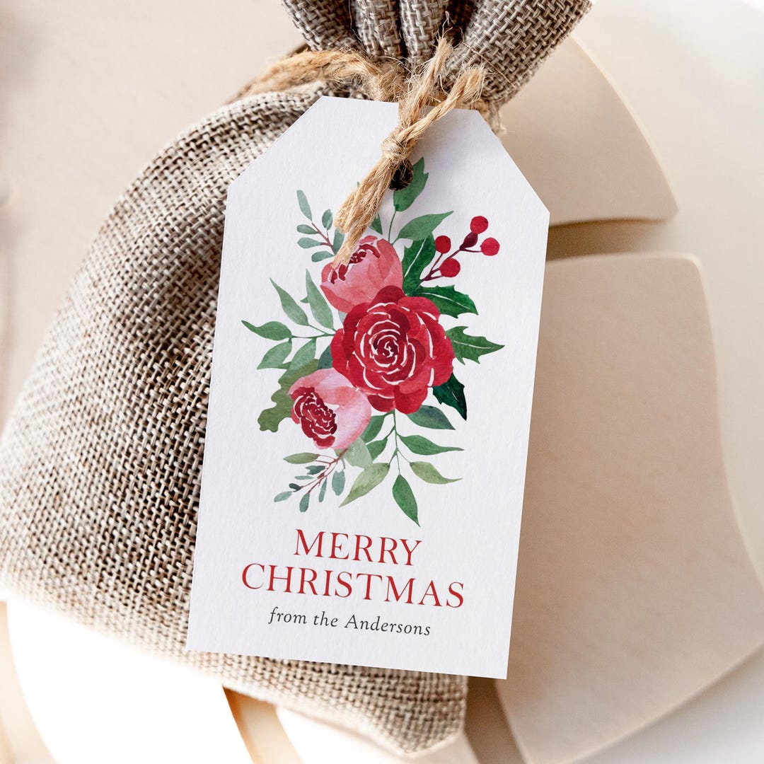 Floral Christmas Gift Tag Printable, Editable Merry Christmas Gift Tag ...