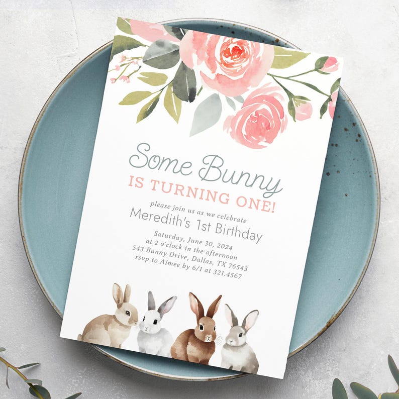 Bunny Baby 1st Birthday Invitation, Some Bunny is Turning One, Floral ...