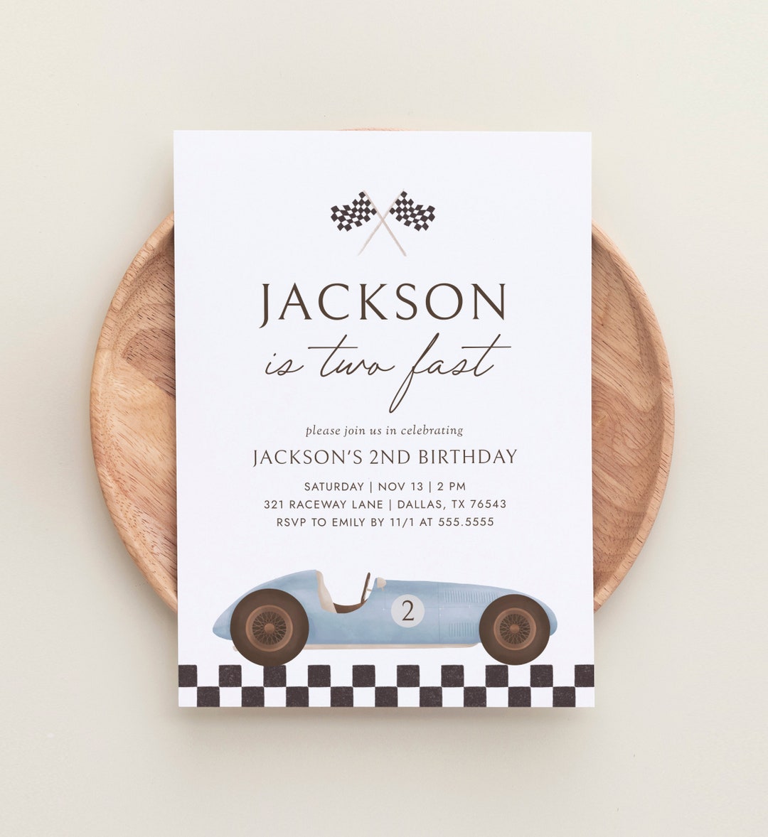 Blue Race Car 2nd Birthday Invitation, Two Fast Boy Birthday Party ...