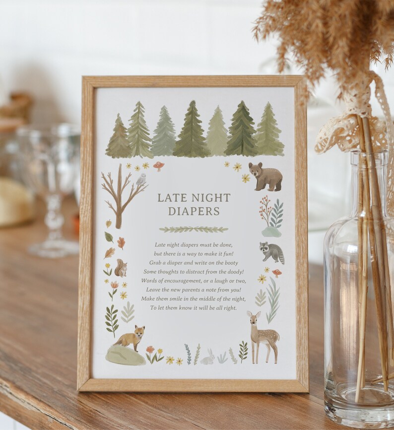 Late Night Diapers Woodland Shower Sign, Printable Woodland Baby Shower ...