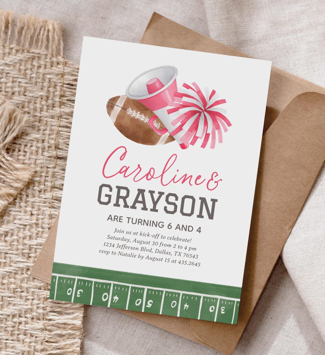 Football Cheerleading Joint Birthday Invitation Template, Editable ...