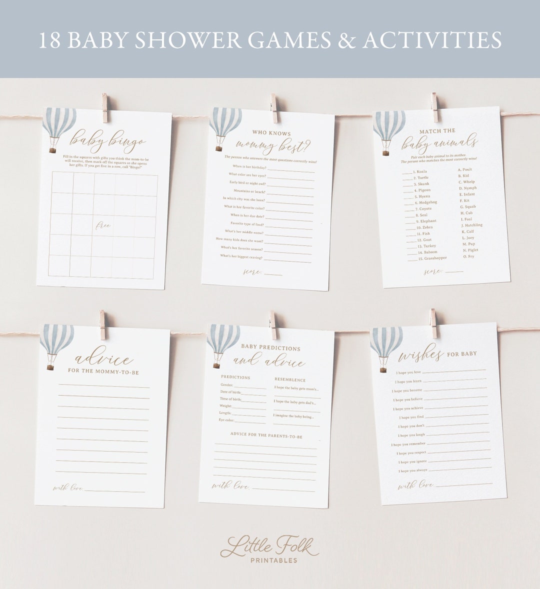 Editable Blue Hot Air Balloon Baby Shower Games Bundle, Printable ...