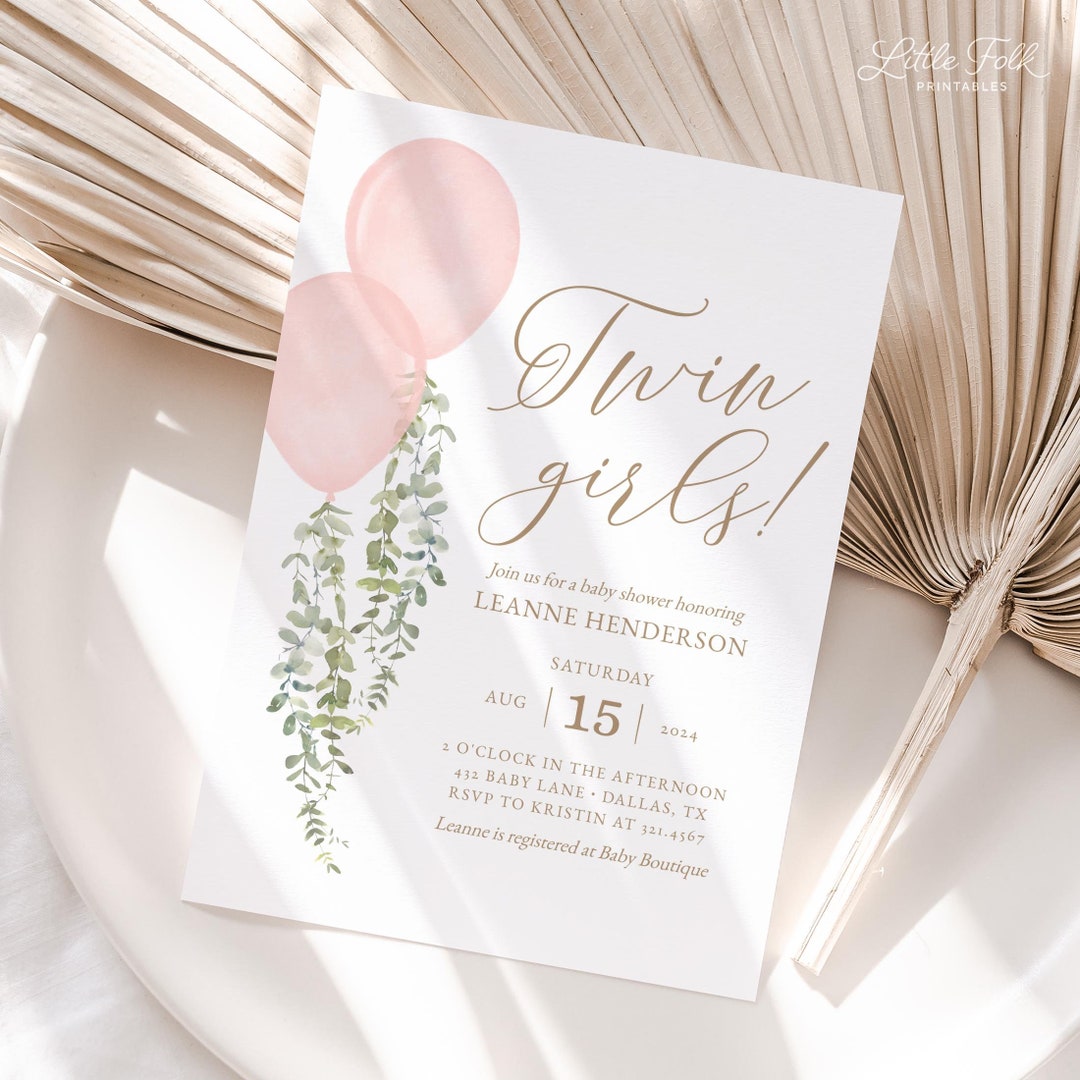 Twin Girls Balloon Baby Shower Invitation, Pink Watercolor Balloon Baby ...