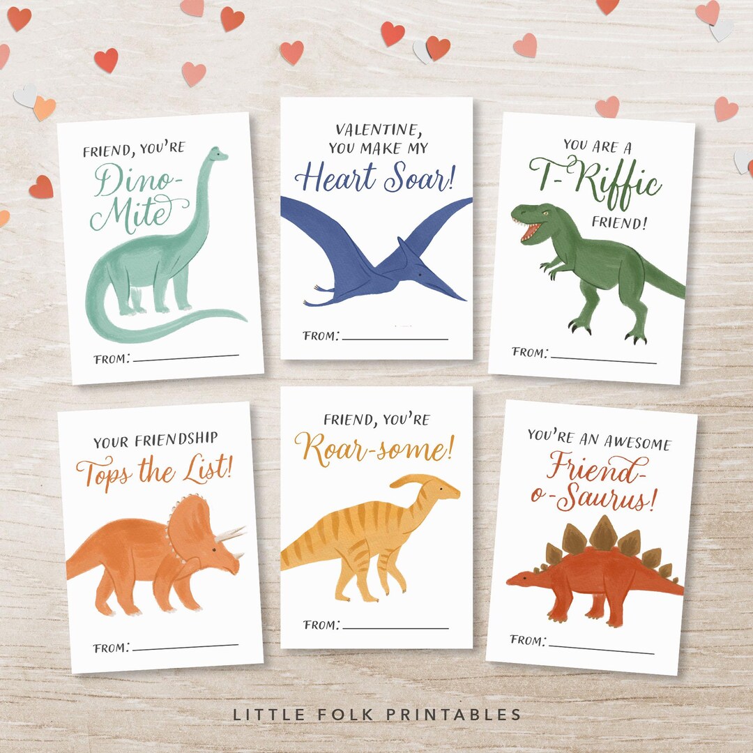 Printable Dinosaur Valentine's Day Cards, Kids Dinosaur Valentine Tags ...