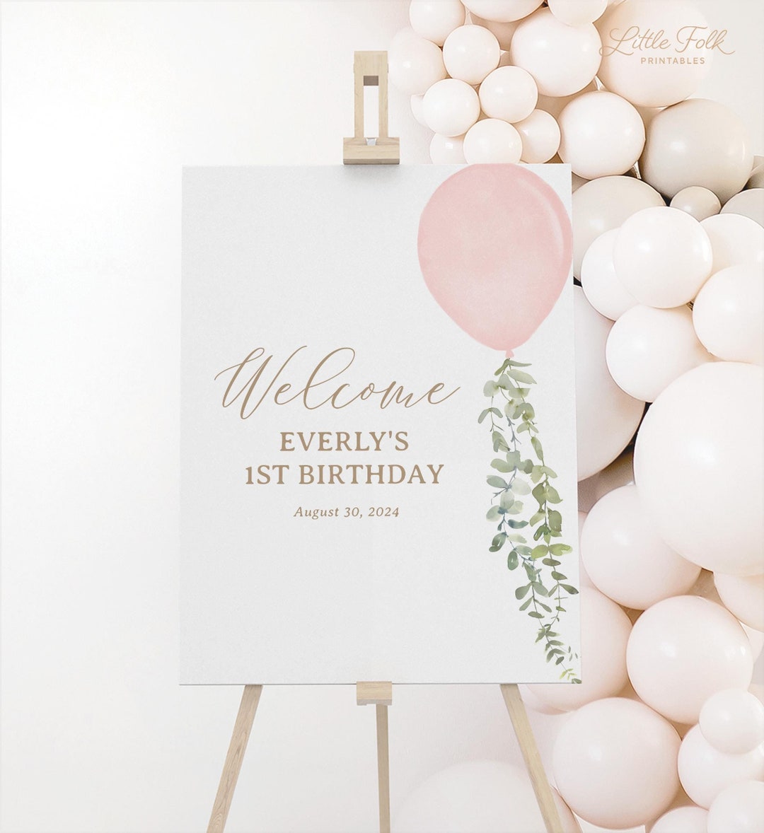 Pink Balloon Birthday Welcome Sign, Editable Watercolor Balloon ...