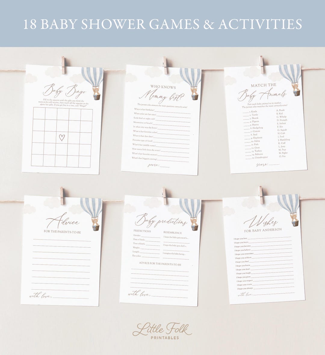 Editable Teddy Bear Baby Shower Games Bundle, Blue Hot Air Balloon Baby ...