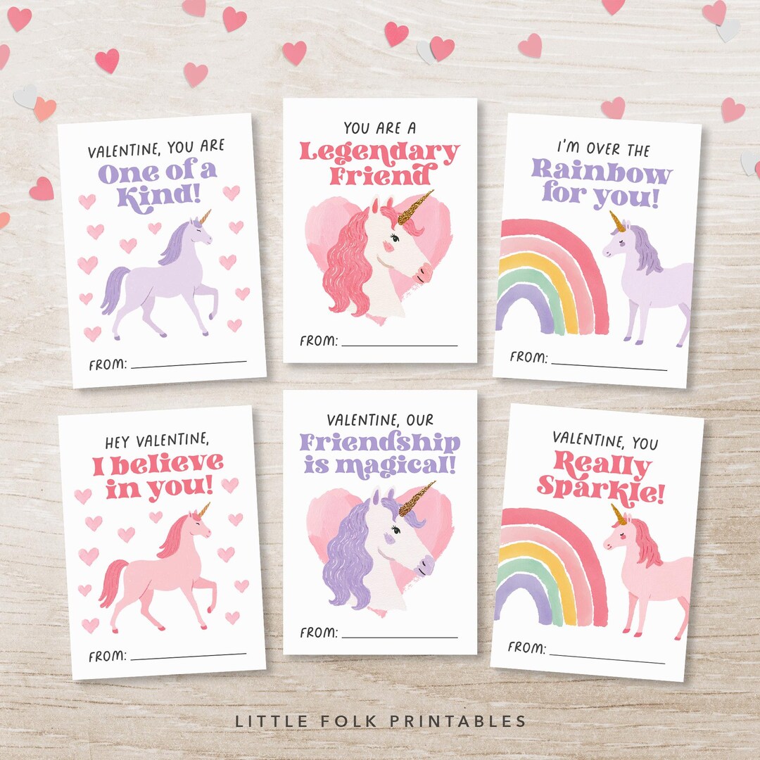Printable Unicorn Valentine's Day Cards, Kids Rainbow Unicorn Class ...