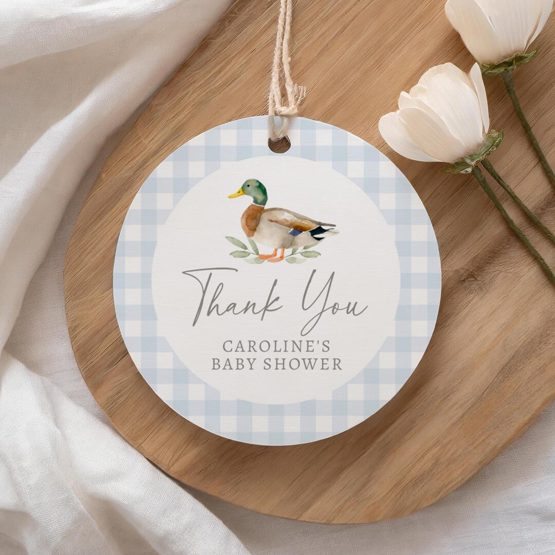 Duck Baby Shower Favor Tag, Mallard Duck Sticker Template, Blue Gingham ...