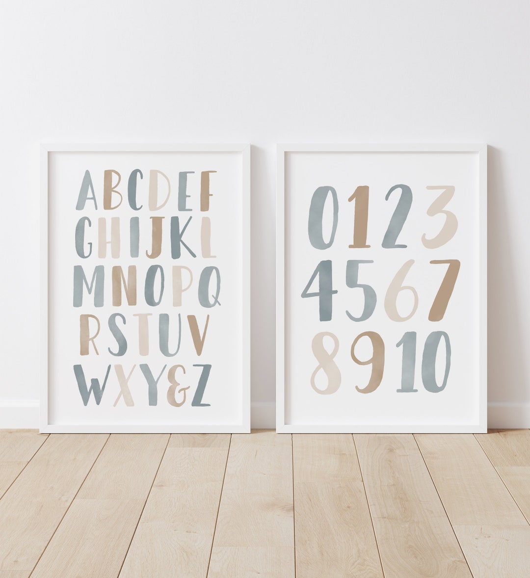 Neutral Alphabet and Numbers Set of 2 Prints, Blue Alphabet Poster, ABC ...