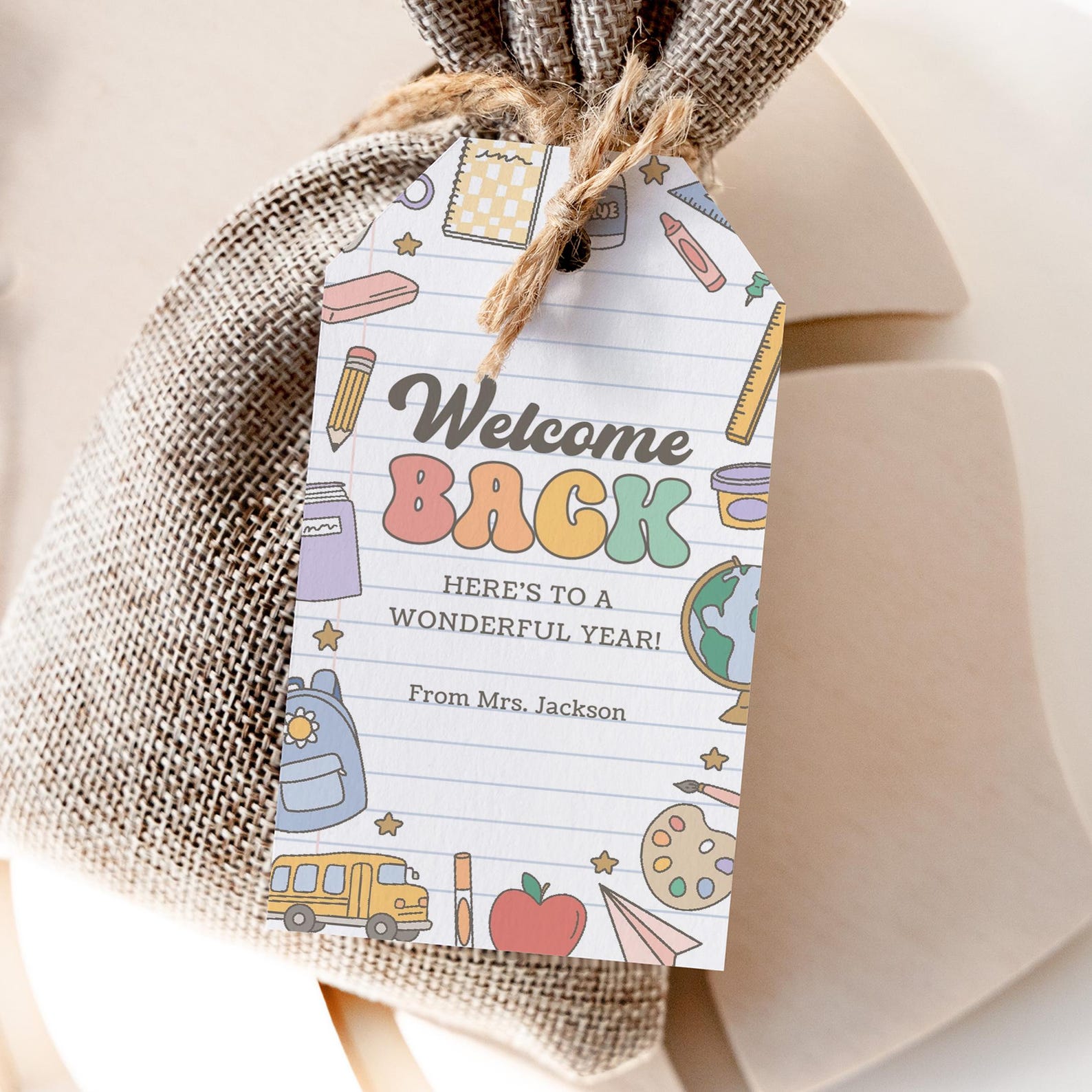 Retro Welcome Back to School Tag Template, Printable Rainbow Back to ...