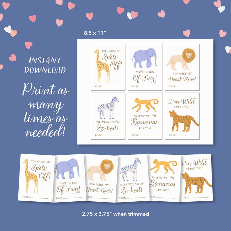Printable Safari Valentine's Day Cards, Kids Jungle Animals Valentine ...