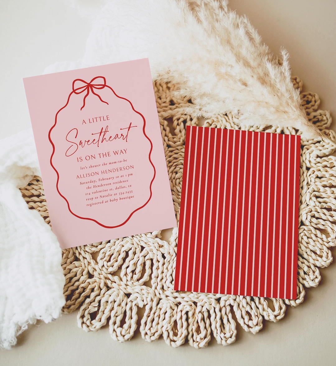 Little Sweetheart Valentines Baby Shower Invitation, Red Hand Drawn Bow ...