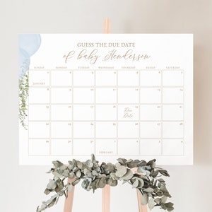 Blue Balloon Baby Shower Due Date Calendar, Watercolor Balloon Baby ...