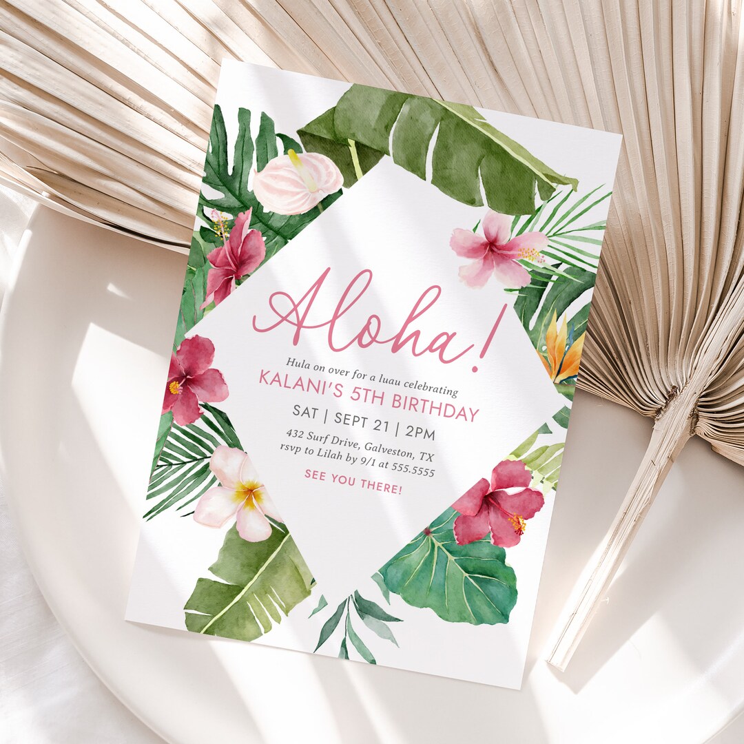 Pink Floral Luau Birthday Invitation Template, Tropical Luau Birthday ...