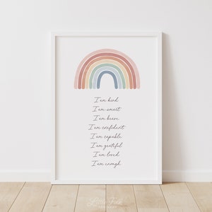 Rainbow Affirmations Wall Art, Inspirational Kids Room Decor, I Am Kind ...
