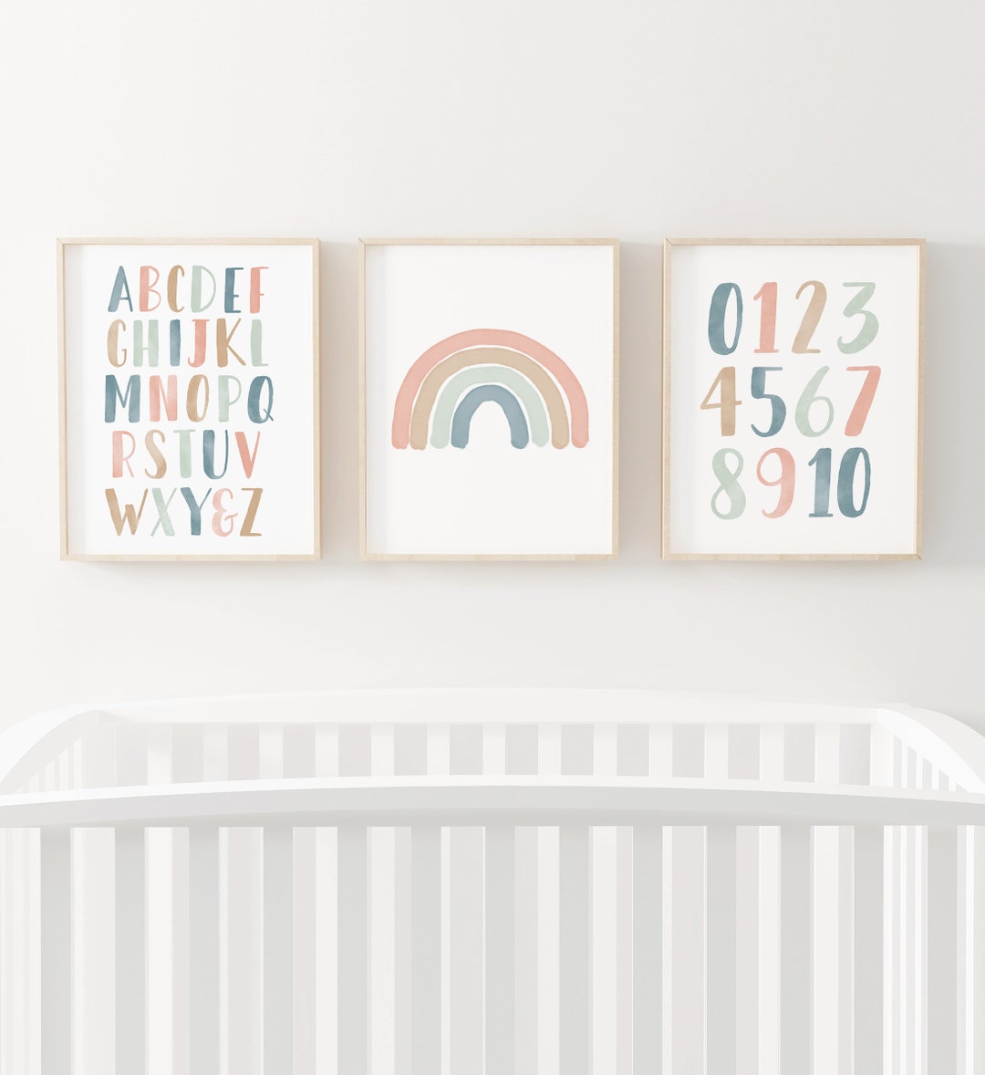 Pastel Rainbow Wall Art Set of 3 Prints, Rainbow Alphabet and Numbers ...