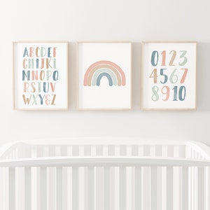 Pastel Rainbow Wall Art Set of 3 Prints, Rainbow Alphabet and Numbers ...