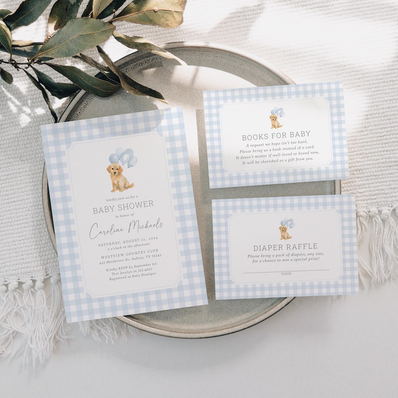 Golden Retriever Baby Shower Invitation Bundle, Editable Blue Gingham ...