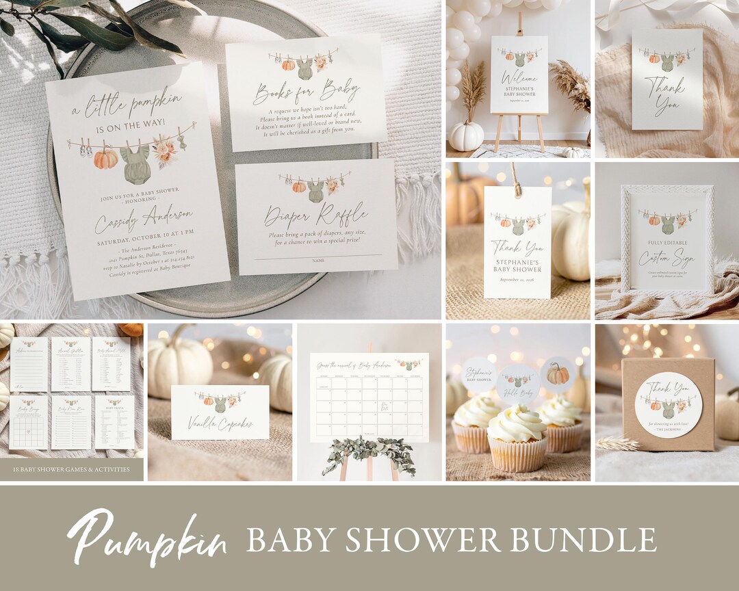Fall Pumpkin Baby Shower Invitation Bundle, Editable Boho Girl Baby ...