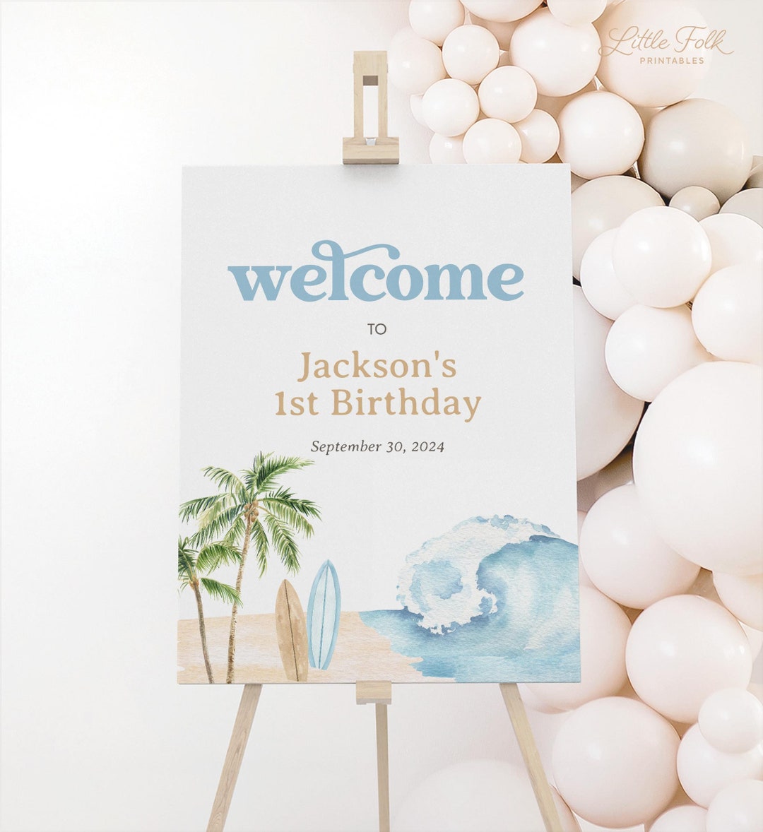 The Big One Surf Birthday Welcome Sign Template, Editable Surfboard ...