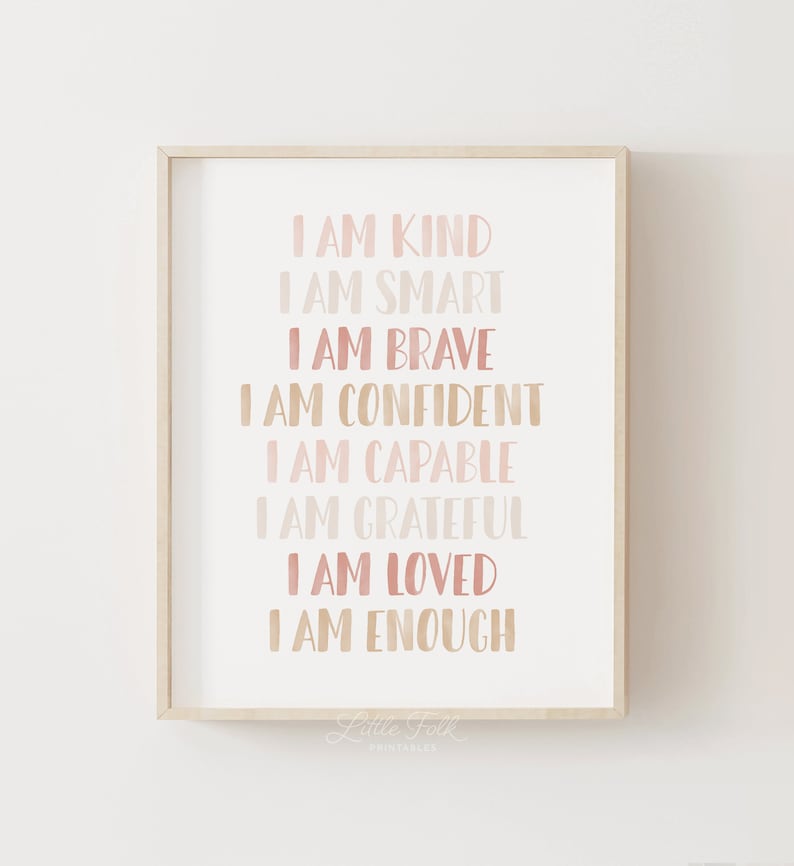 Affirmations Wall Art, Girls Room Decor, I Am Kind Smart Loved, Neutral ...
