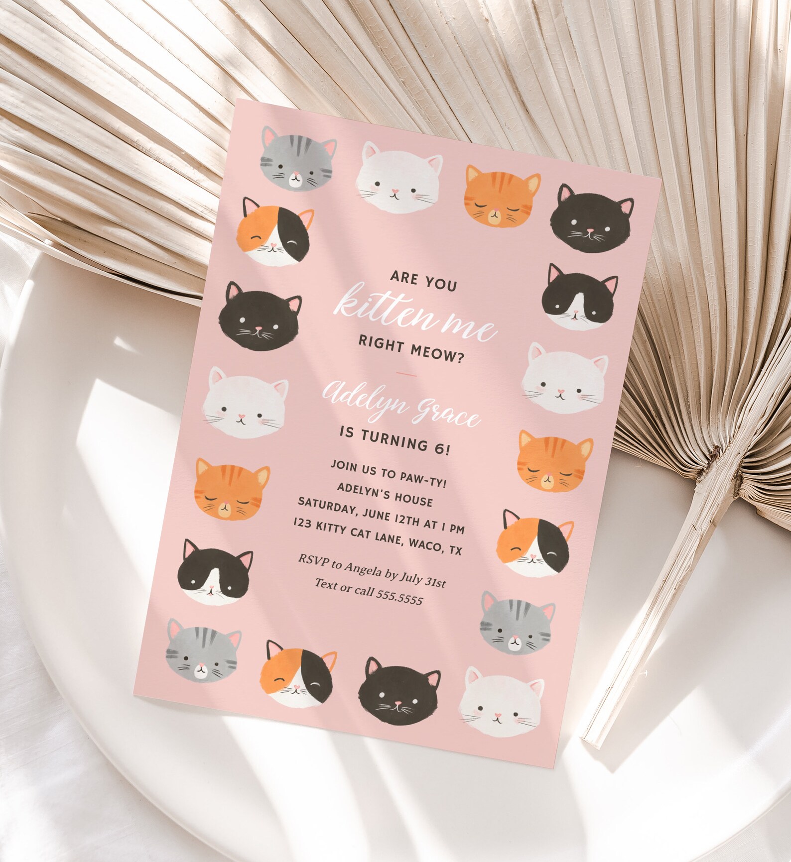 Editable Kitten Girl Birthday Party Invitation, Are You Kitten Me Right ...