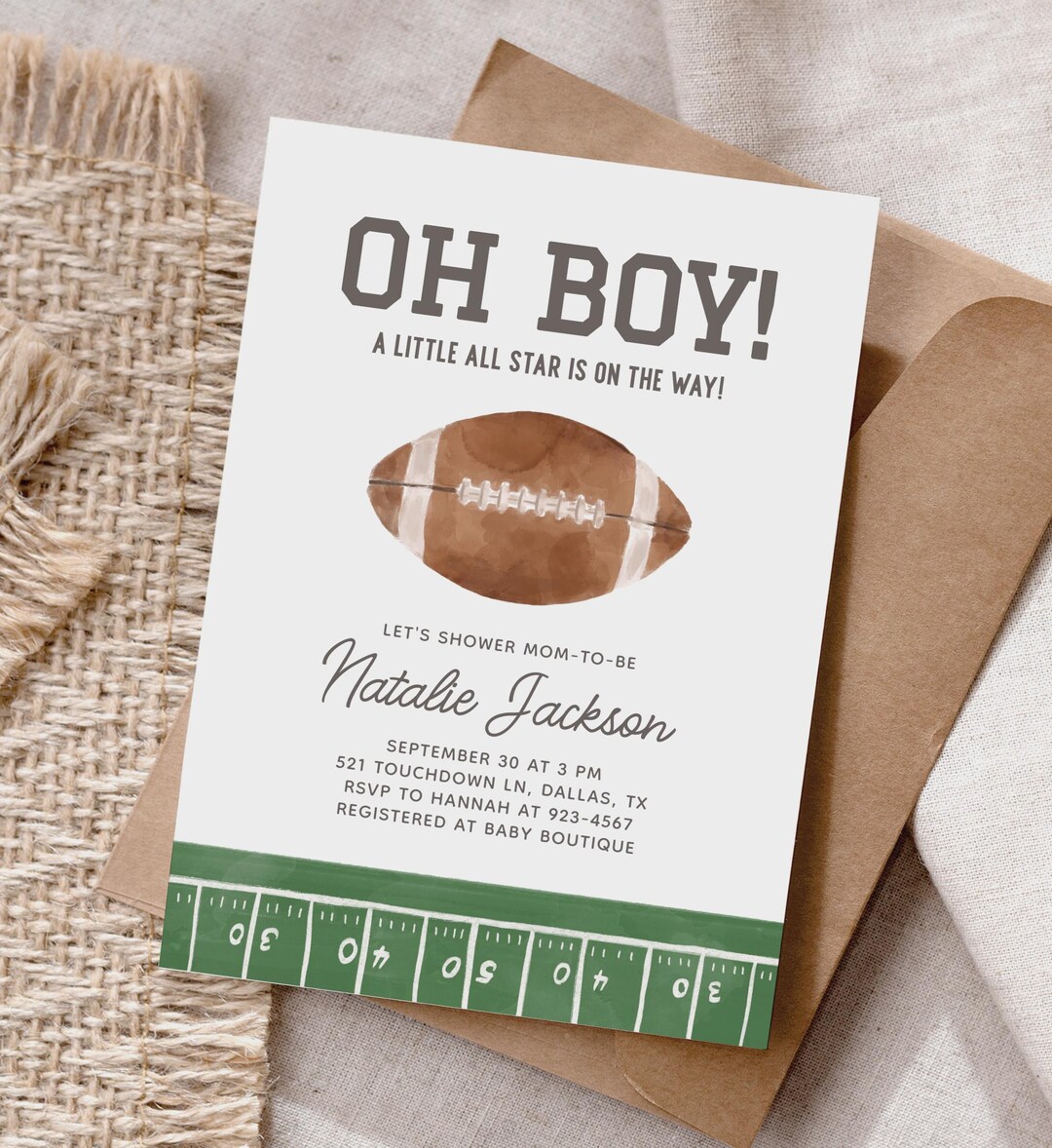 Football Baby Shower Invitation, Oh Boy Football Boy Baby Shower Invite ...