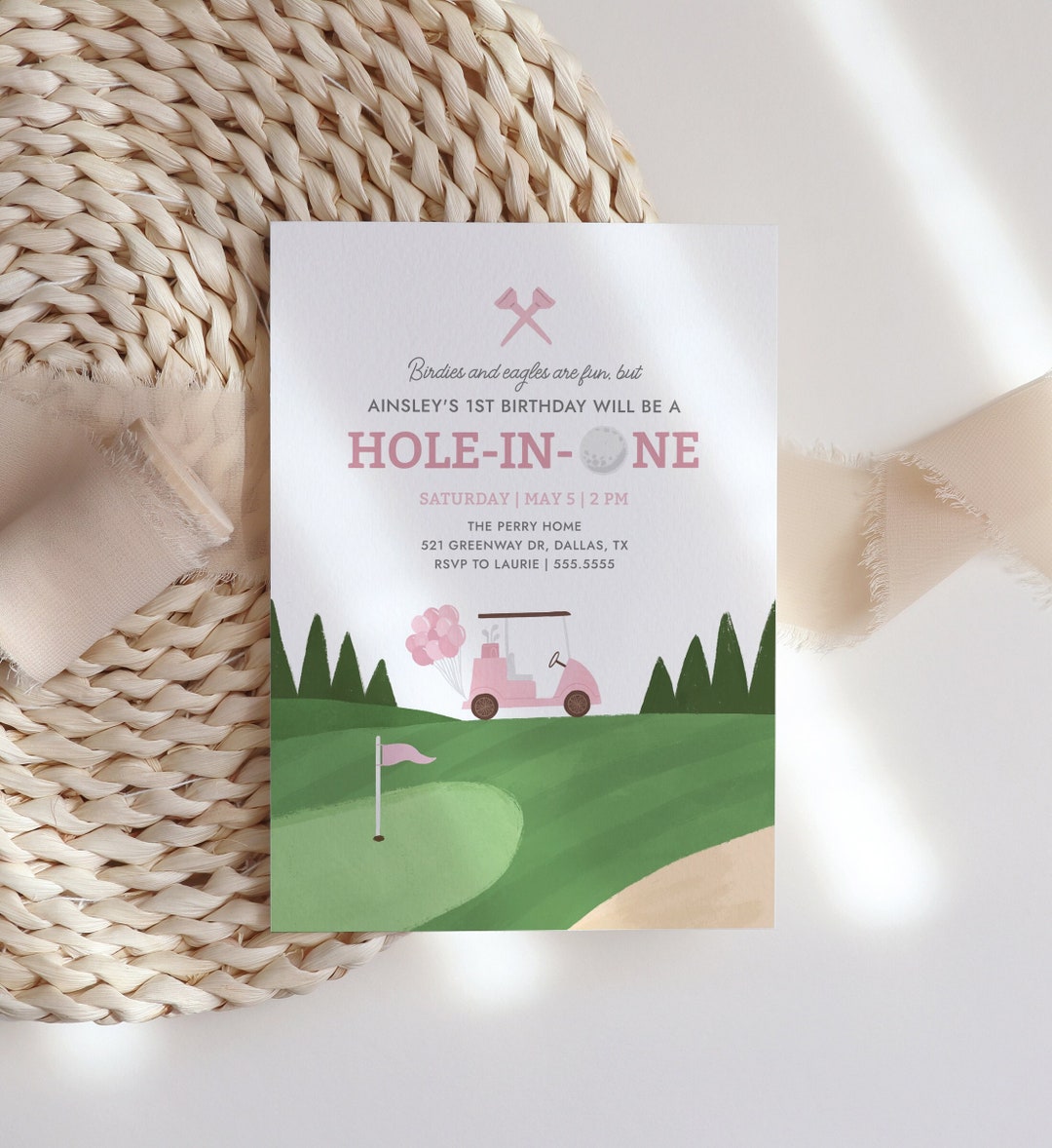 Editable Pink Golf 1st Birthday Party Invitation, Hole in One Girl ...