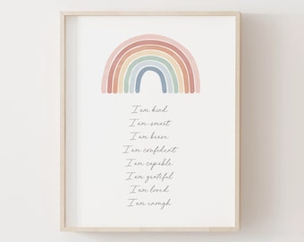 Affirmations for Kids, Rainbow Affirmations Print, I Am Kind Brave ...
