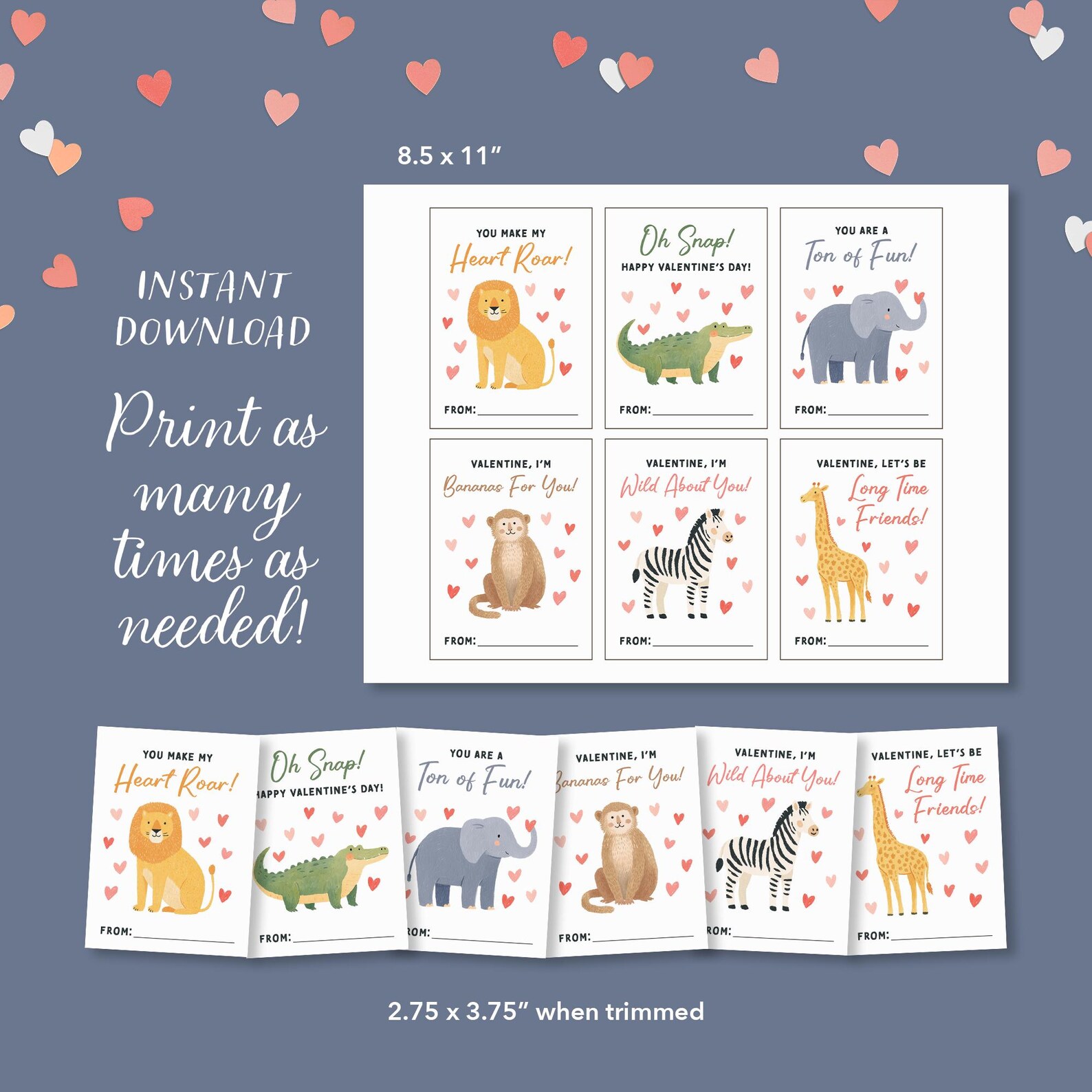 Printable Safari Animals Valentine's Day Cards, Kids Jungle Class ...