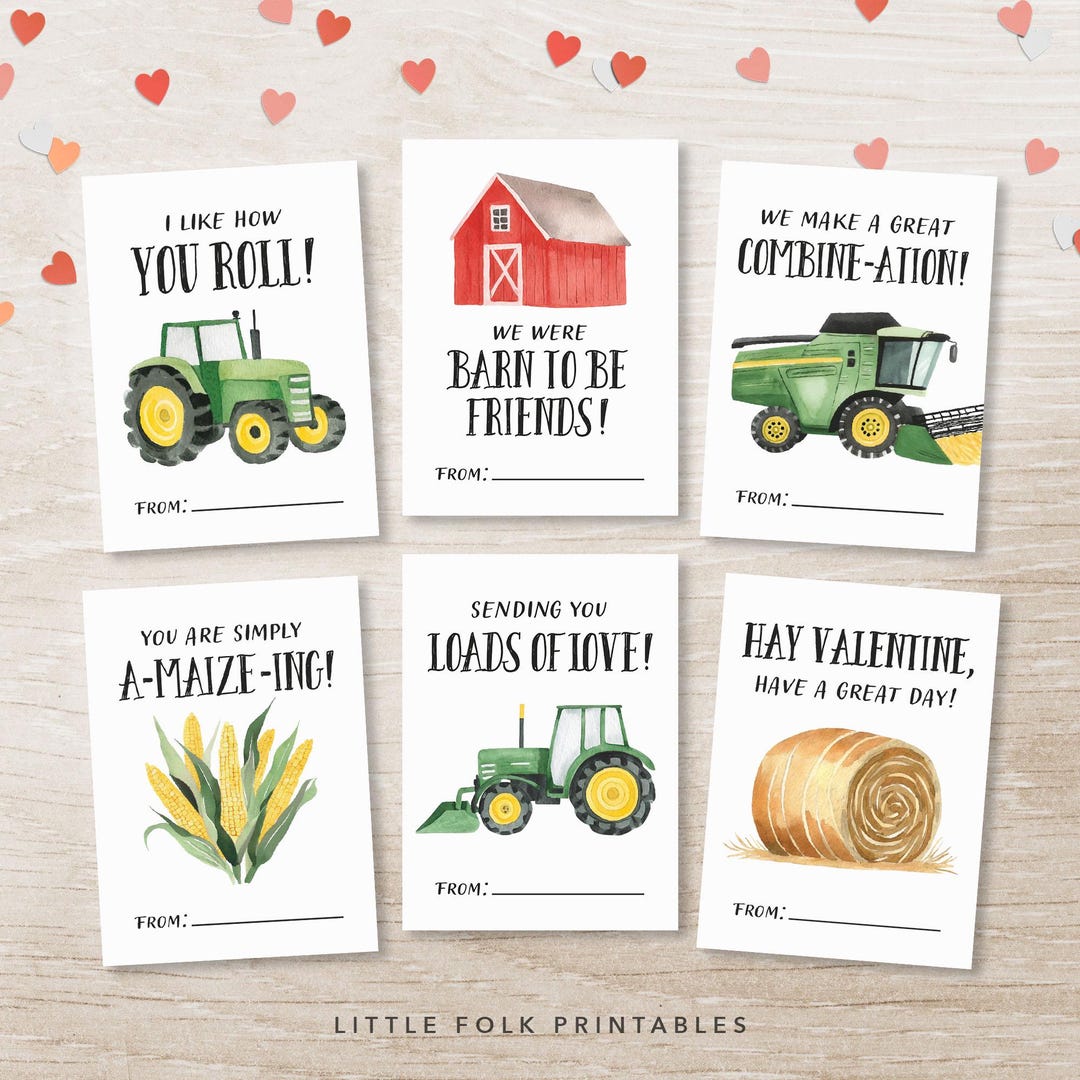 Printable Tractor Valentine's Day Cards, Kids Farm Valentine Tags, Kids ...