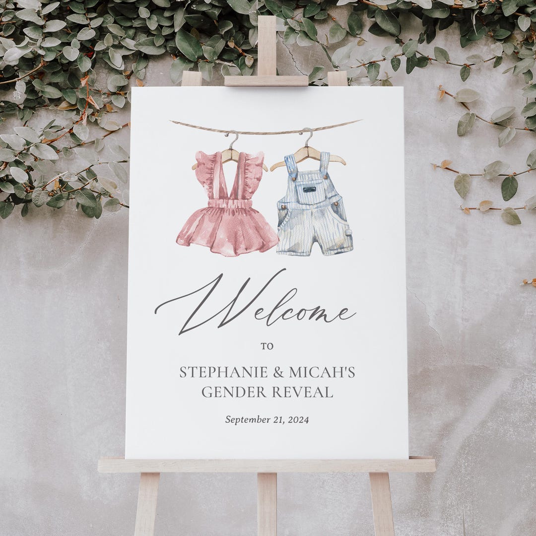 Pink and Blue Baby Clothes Gender Reveal Welcome Sign, Printable ...