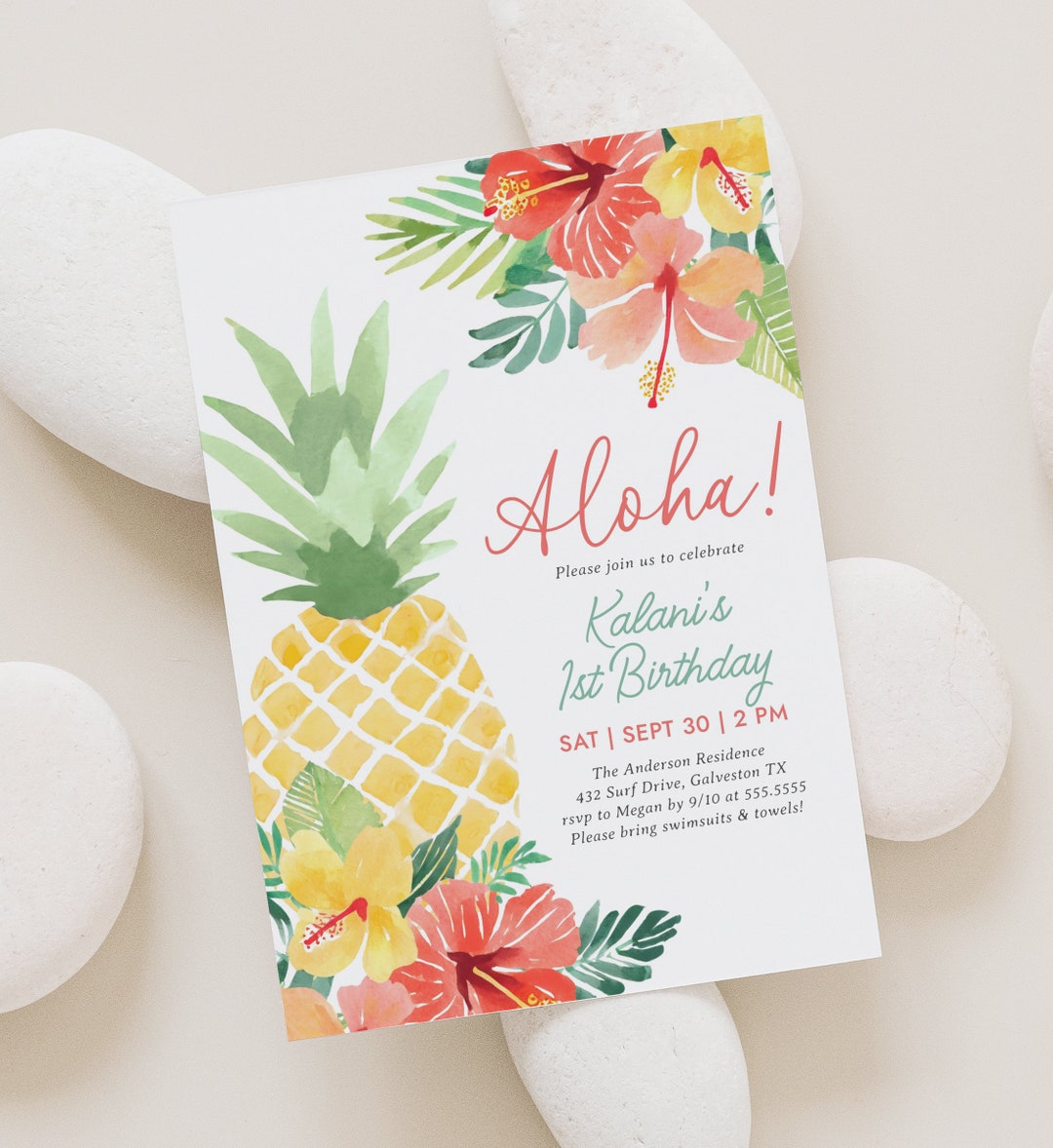 Tropical Pineapple Birthday Invitation Template, Watercolor Pineapple ...