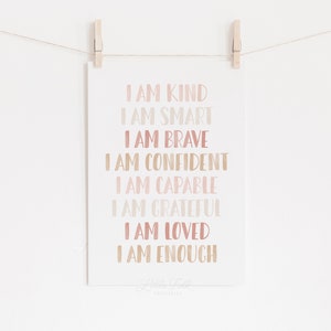Affirmations Wall Art, Girls Room Decor, I Am Kind Smart Loved, Neutral ...