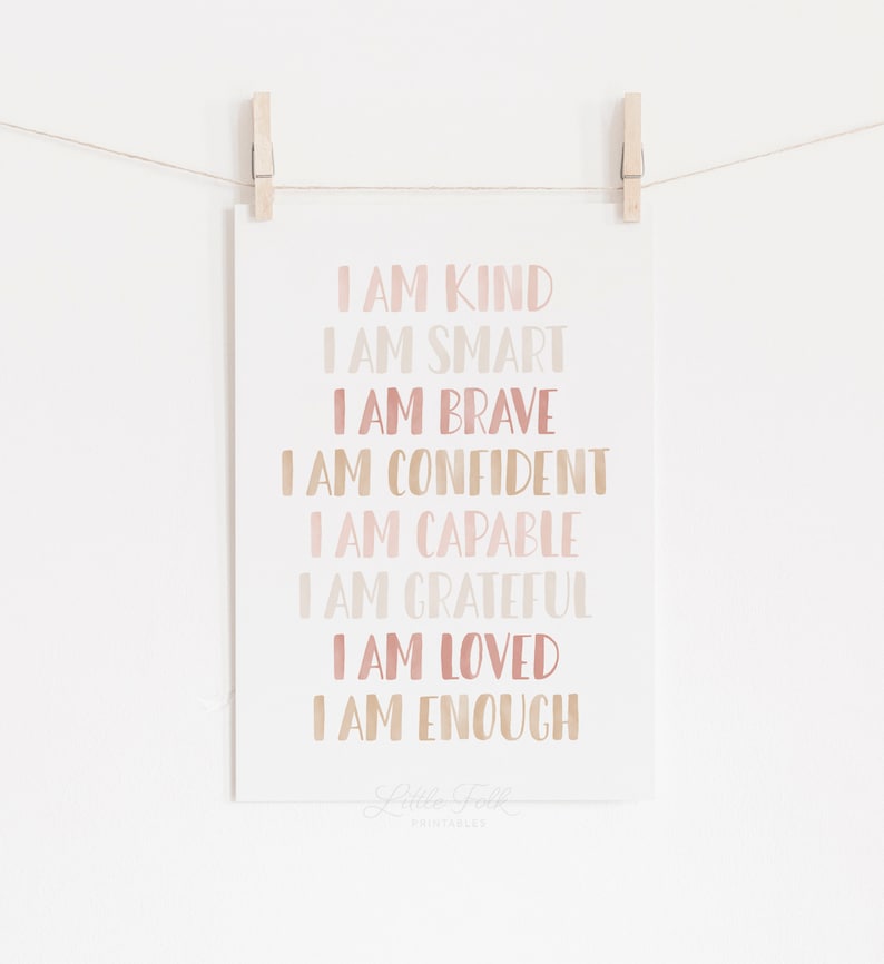 Affirmations Wall Art, Girls Room Decor, I Am Kind Smart Loved, Neutral ...