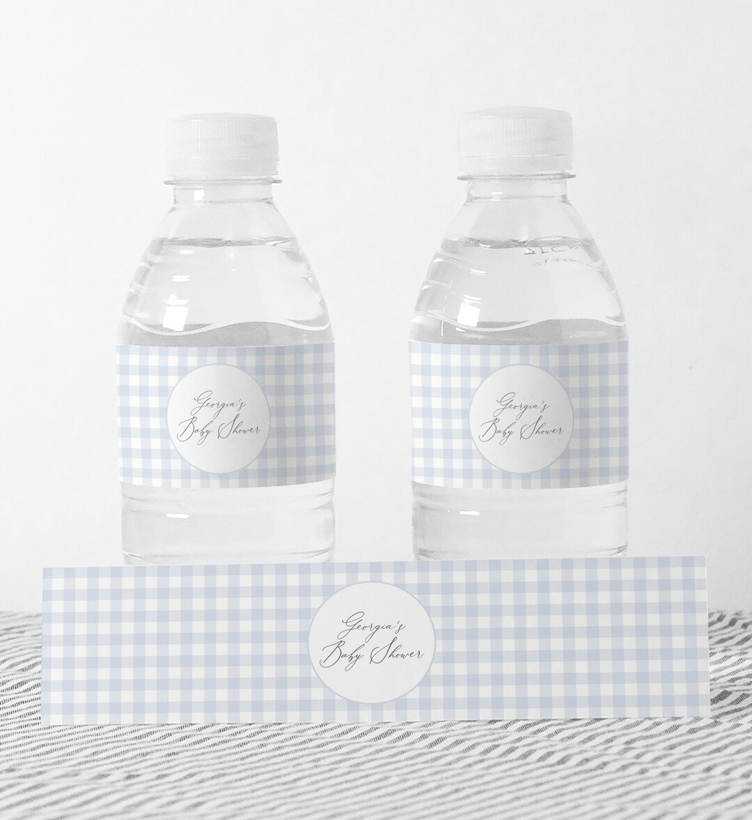 Editable Blue Gingham Baby Shower Water Bottle Labels, Printable ...