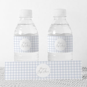 Editable Blue Gingham Baby Shower Water Bottle Labels, Printable ...