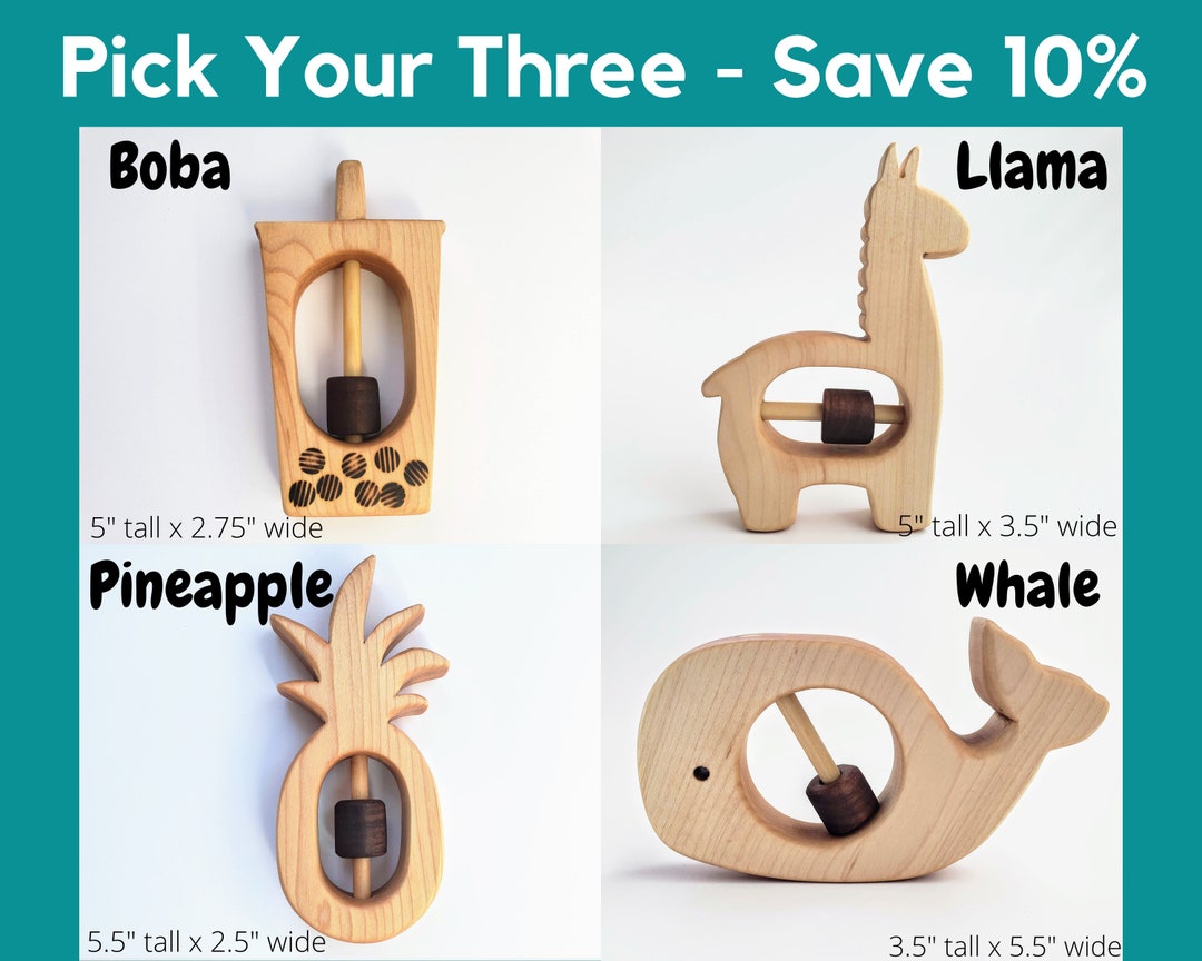 3 Pack Bundle - Wood Baby Rattles, Natural Baby Toy, Handmade Wooden ...