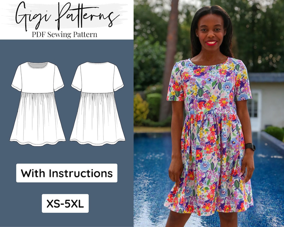 Smock Dress Sewing Pattern: Short Sleeve Babydoll Style (XS-5XL) (PDF ...