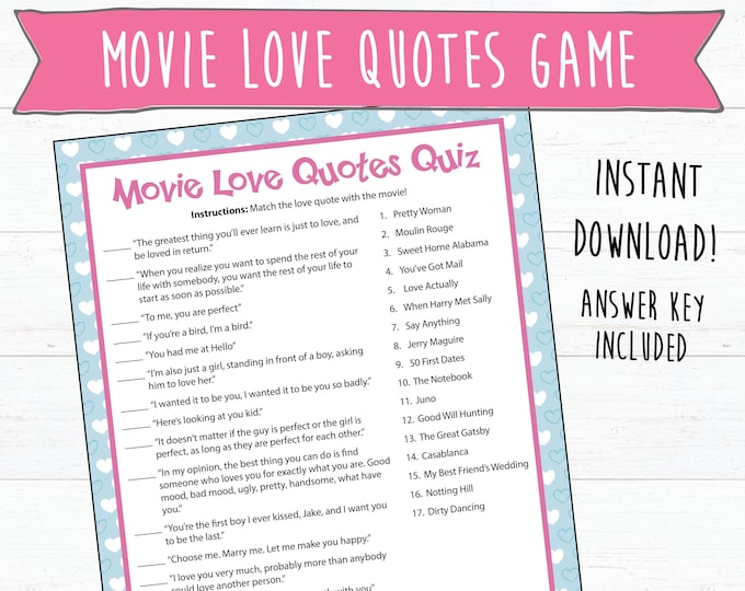 Movie Love Quotes Trivia Game | Instant Download | Romantic Movie ...
