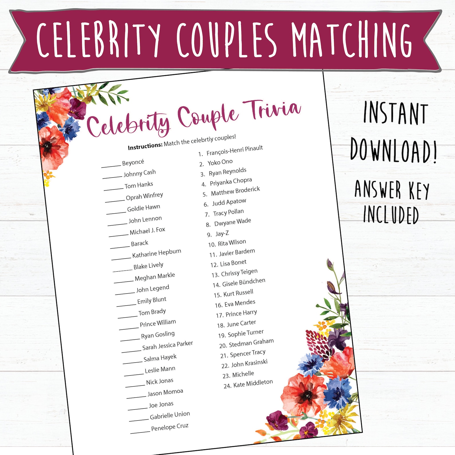 Celebrity Couples Matching Game | Instant Download | Celebrity Trivia ...