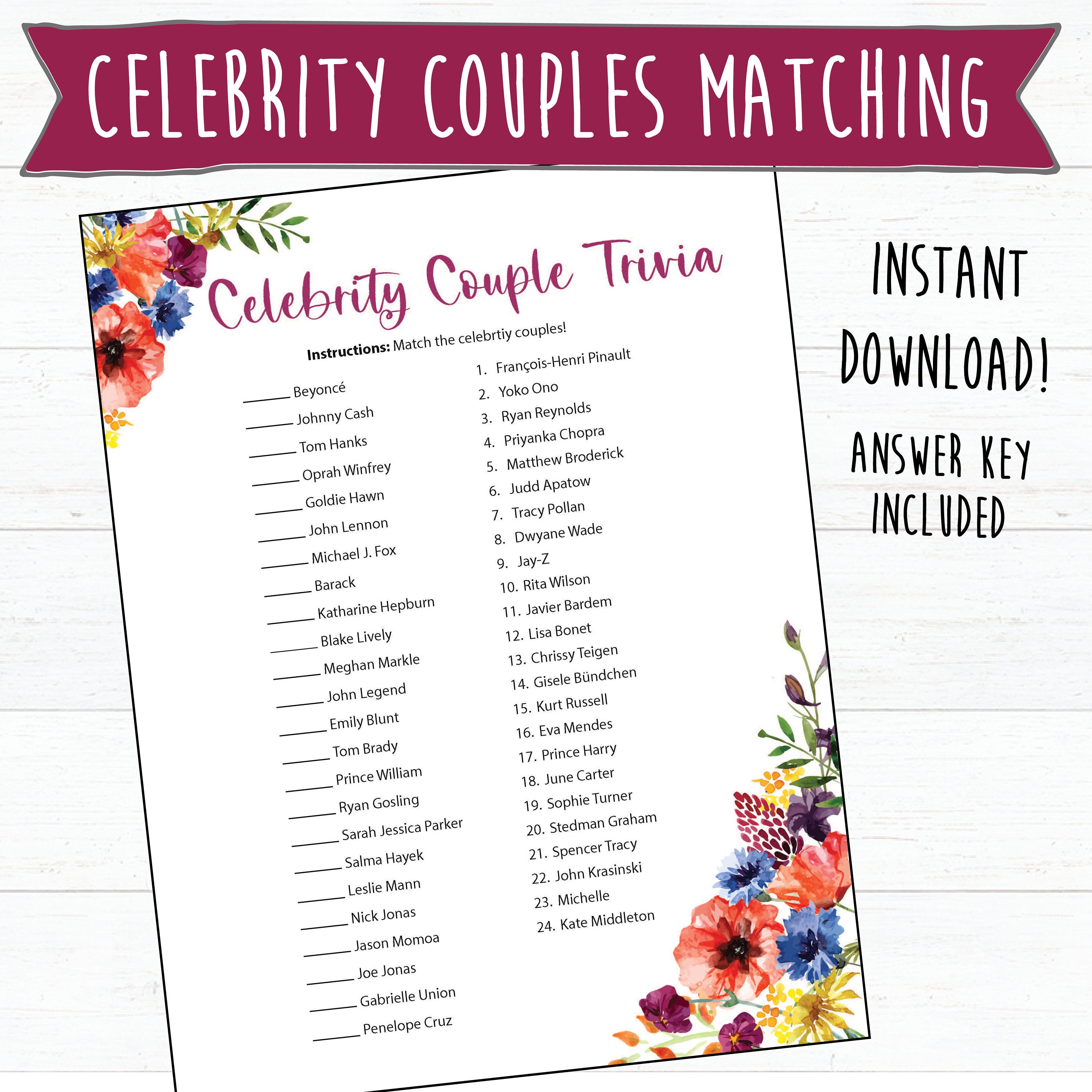 Celebrity Couples Matching Game | Instant Download | Celebrity Trivia ...