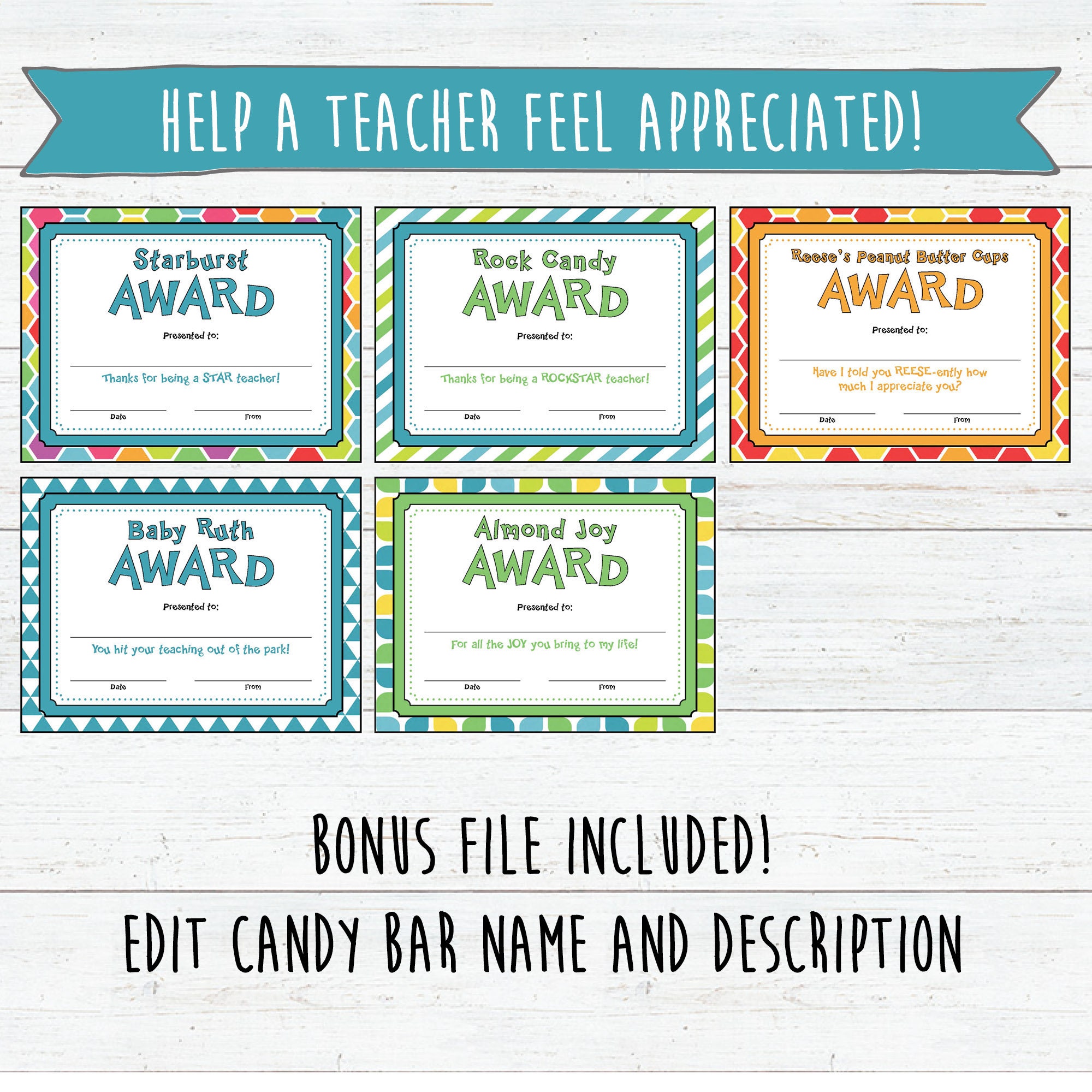 Candy Bar Certificates for Teachers From Students Teacher Appreciation ...